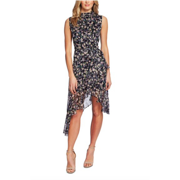 CeCe | Dresses | Cece Dress Floral Navy Sleeveless Mock Neck Midi Sz 4 ...